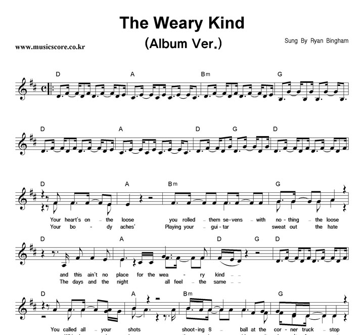 Ryan Bingham The Weary Kind (Album Ver.) 악보